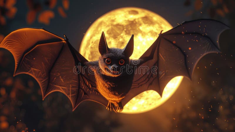 A Bat Flying in Front of a Full Moon Stock Illustration - Illustration ...