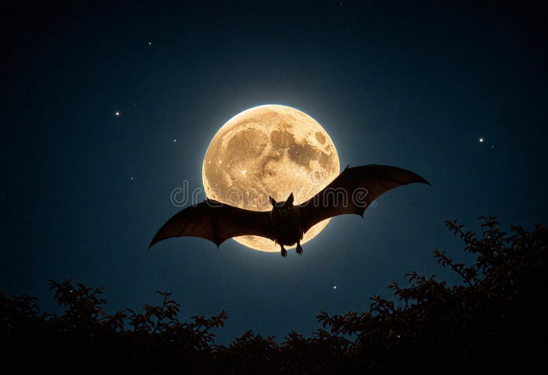 A Bat Flying in Front of a Full Moon in the Night Sky with Silhouettes ...