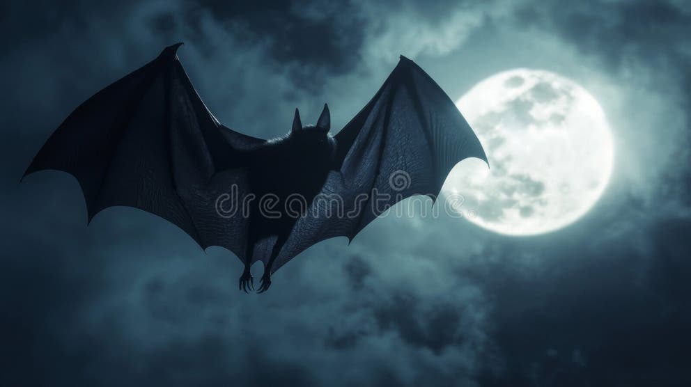 Bat Flying at Night Under Full Moon Stock Illustration - Illustration ...