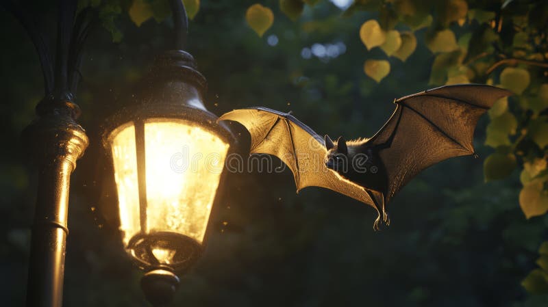 A Bat is Flying Over a Lamp Post Stock Illustration - Illustration of ...