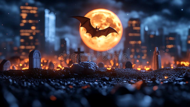 Bat Flying Over Spooky Graveyard Under Full Moon Stock Illustration ...