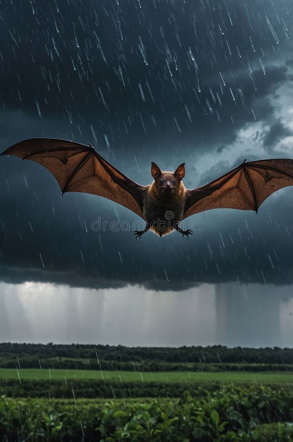 Flying Bat in the Rain Storm, Dark Dramatic Nature Stock Illustration ...
