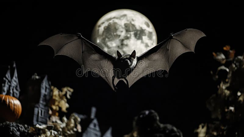 Bat Flying from Shadows Under Full Moon with Spooky Atmosphere Stock ...