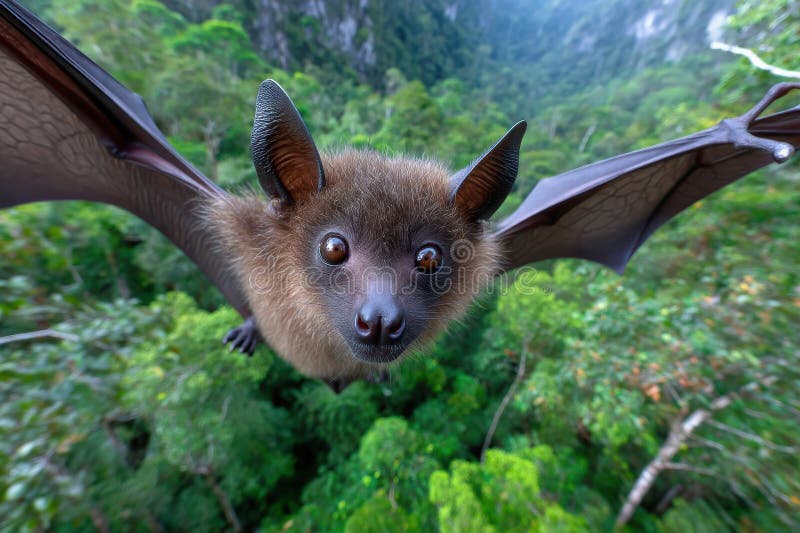 Bat Flying in Tropical Rainforest with Lush Greenery and Mountainous ...