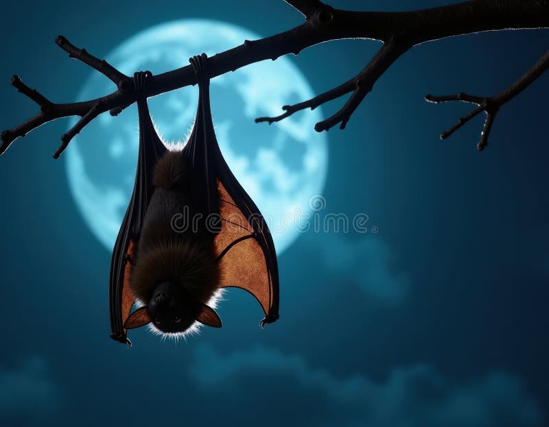 Bat Hanging from Branch at Night with Full Moon Stock Illustration ...