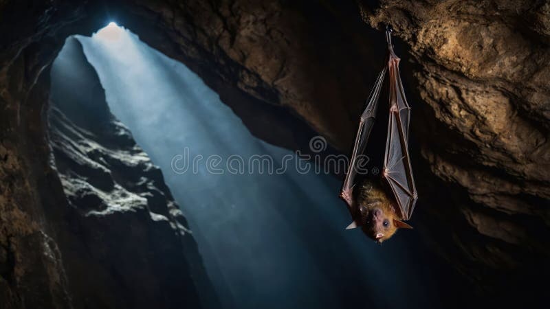 A Bat Hanging in a Cave Illuminated by Beams of Light Stock ...
