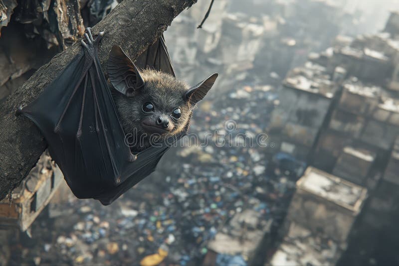 Bat Hanging on Tree Branch Above a Polluted City Skyline during ...