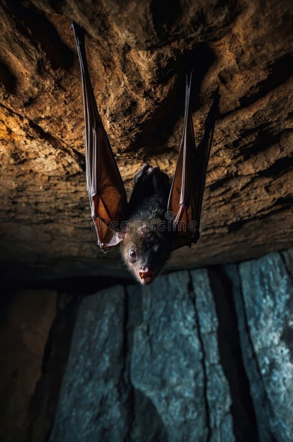 A Curious Megabat Hanging Upside Down in a Cave Stock Illustration ...