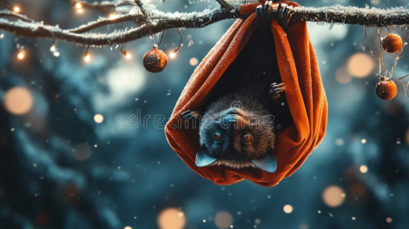 A Bat Hanging Upside Down in a Red Blanket on a Snowy Branch with ...