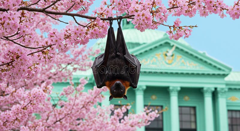 A Bat Hangs Upside Down from a Branch of a Cherry Blossom Tree in Full ...