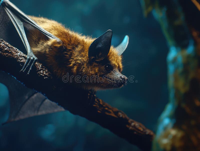 Bat on tree branch stock photo. Image of evening, wildlife - 372967636