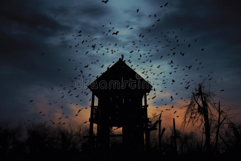 Bat House with a Moonlit Sky, Silhouettes of Bats Flying Stock ...