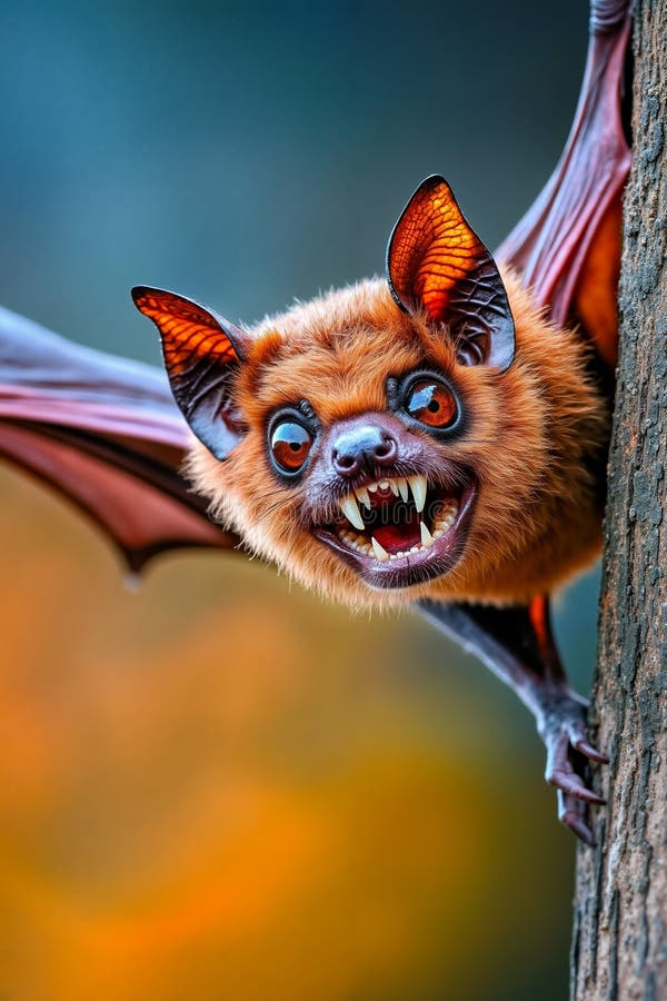 A Bat with Its Mouth Open and Fangs Wide Open on a Tree Stock ...