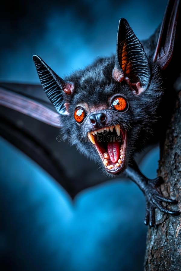 A Bat with Its Mouth Open and Fangs Wide Open on a Tree Stock Photo ...