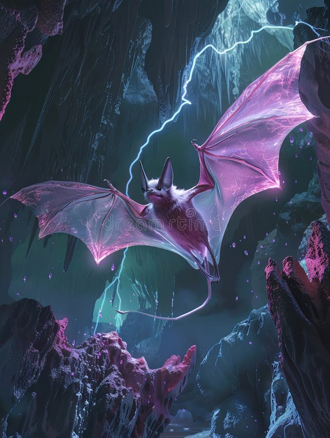 A Bat with Neon Pink Sonar Waves Flying in a Dark Cave with Glowing ...