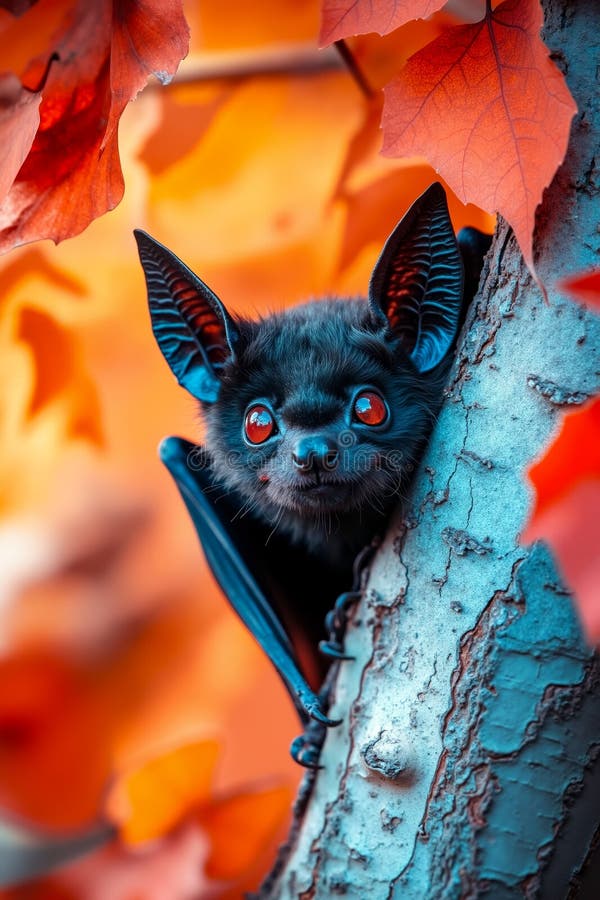 A Bat with Red Eyes Peeking Out from Behind a Tree Stock Photo - Image ...