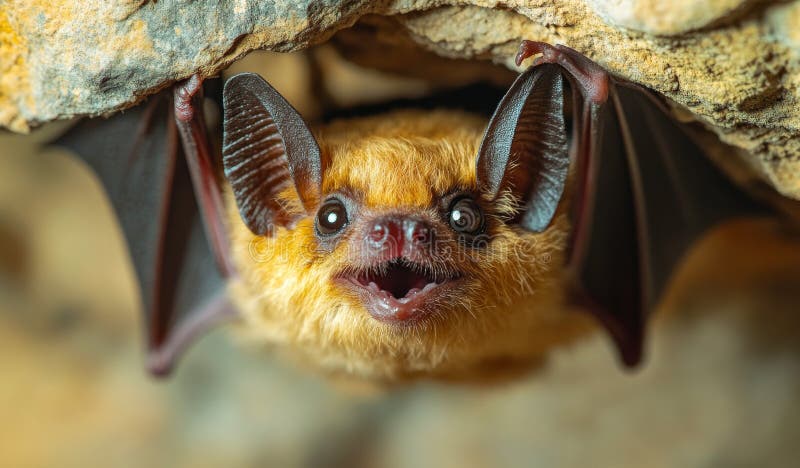A Bat is Shown with Its Mouth Open, Looking Up at the Camera Stock ...