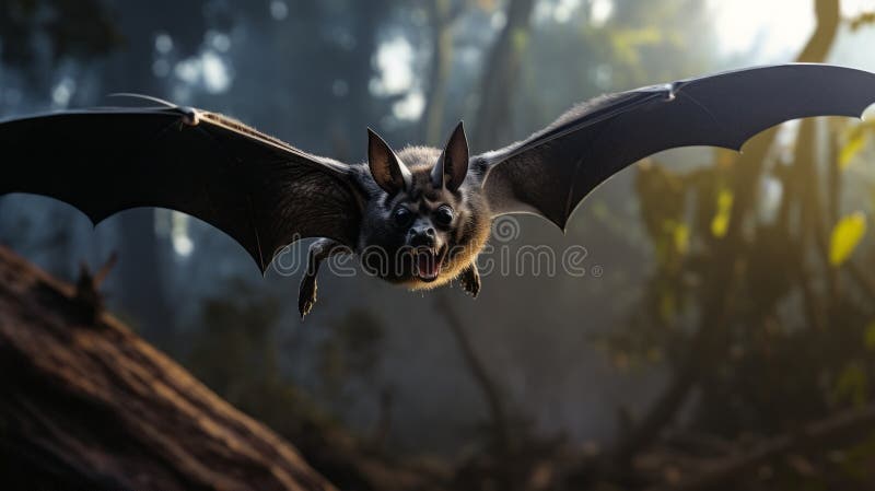 Detailed Bat in Flight Over Forest with Explosive Pigmentation Stock ...