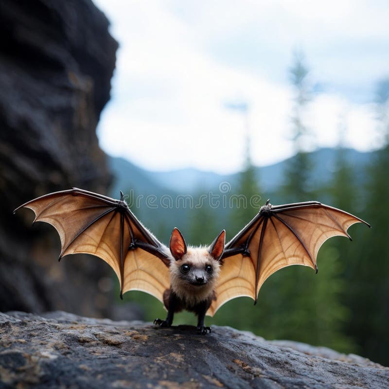 A Bat that is Standing on Top of a Rock with it S Wings Extended Stock ...