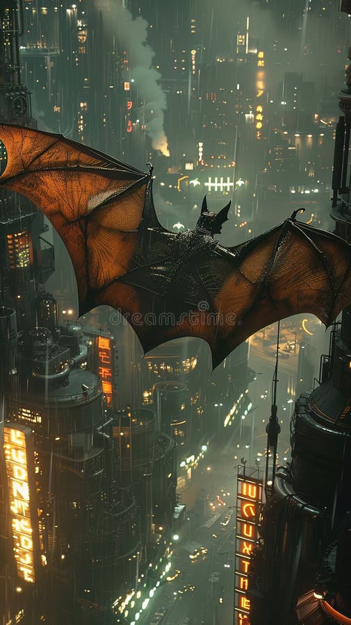 A Bat with Stealth Technology Wings Navigating through a Dark Cyberpunk ...