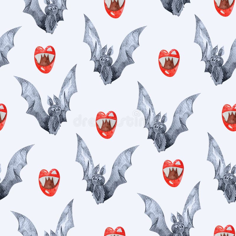 Bat and Vampire Teeth Halloween Watercolor Seamless Pattern Stock ...