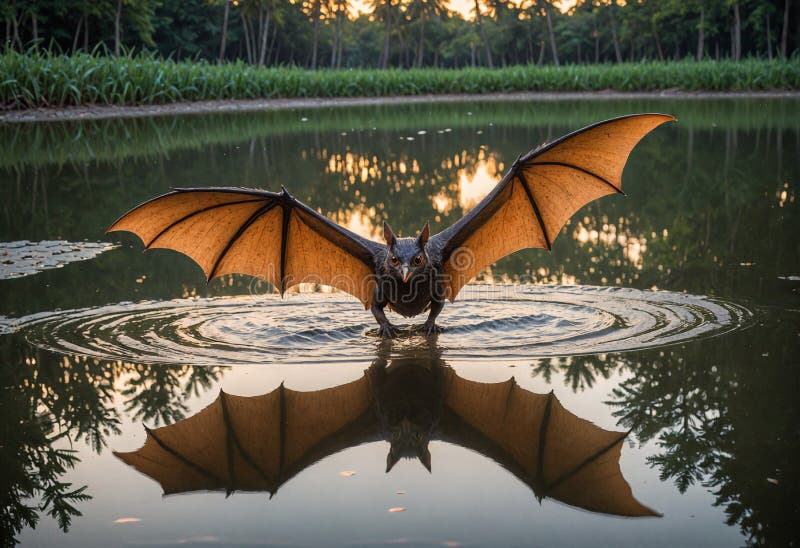 A Bat with Wings Spread Out Over the Water with the Reflection of Bat ...