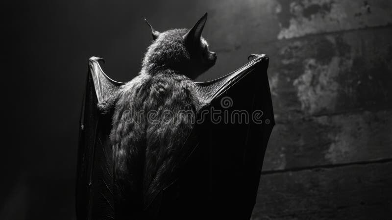 Bat Wings Spread Wide in Dark Cave Monochrome Photography Stock ...