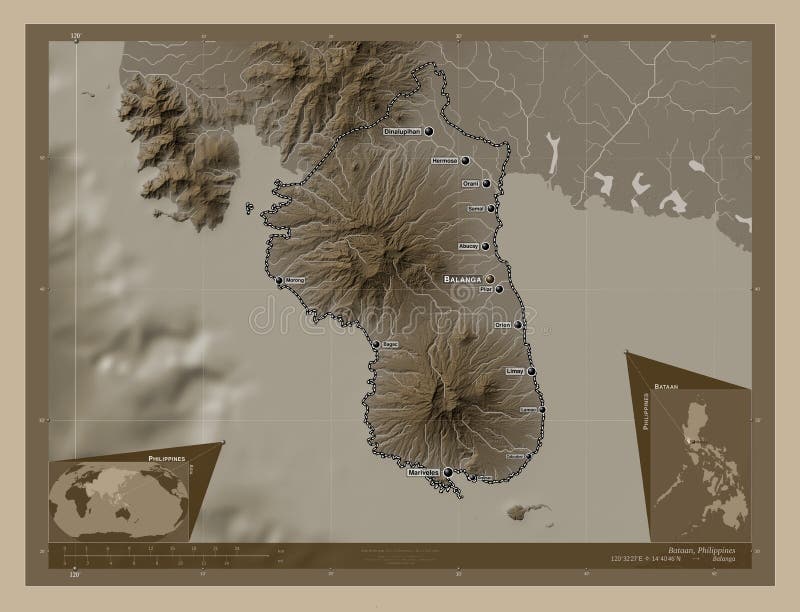 Bataan, Philippines. Sepia. Labelled Points of Cities Stock ...