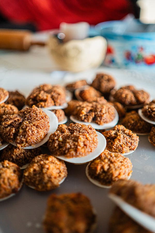Batch of Brown Macaroons in the Bakery Kitchen Stock Photo - Image of ...