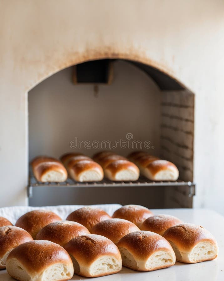 A Batch of Fresh Artisan Bread Buns in an Oven is Shown in a Cooking ...