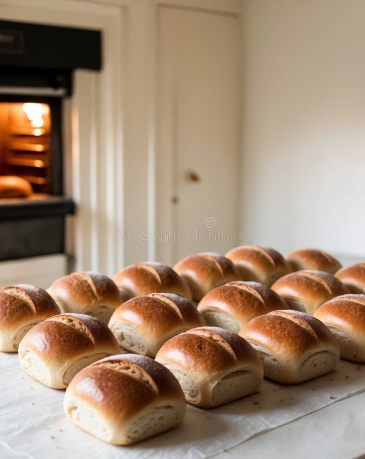 A Batch of Fresh Artisan Bread Buns in an Oven is Shown in a Cooking ...