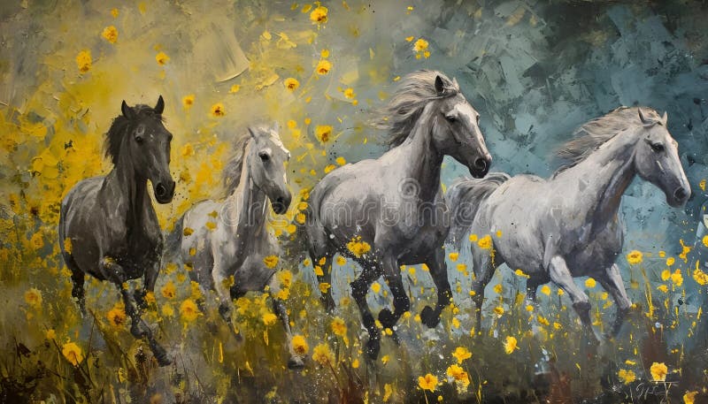Batch of Horses Running in Flowered Scene Stock Image - Image of mammal ...