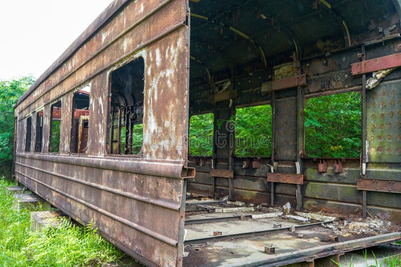 A Batch of Rusty Train Carriages Abandoned in the Forest Stock Photo ...