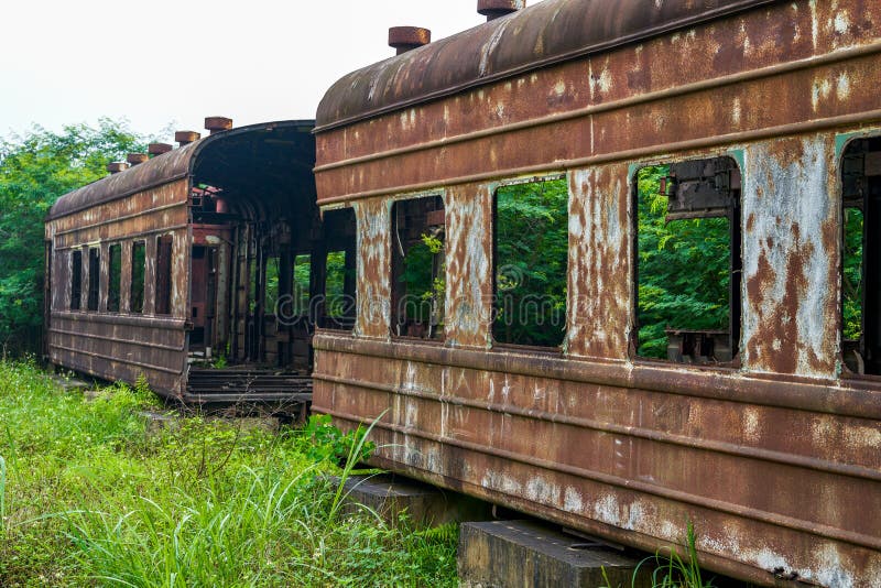 A Batch of Rusty Train Carriages Abandoned in the Forest Stock Image ...