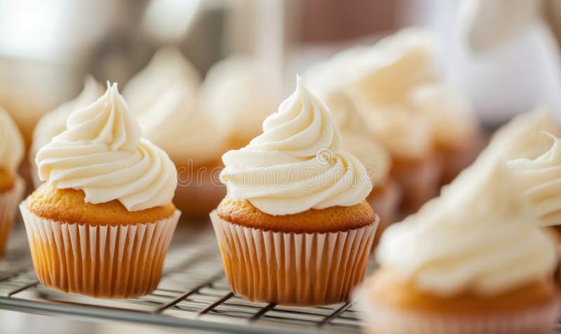 A Batch of Vanilla Cupcakes with Creamy White Frosting Cool on a Wire ...