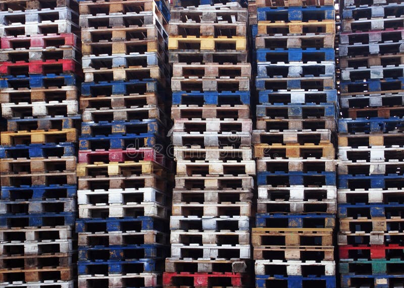 Batch of Wooden Colourful Pallets Stock Photo - Image of crate, haulage ...