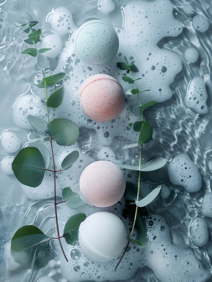 Bath Bombs with Eucalyptus Leaves on Water Surface with Foam Stock ...