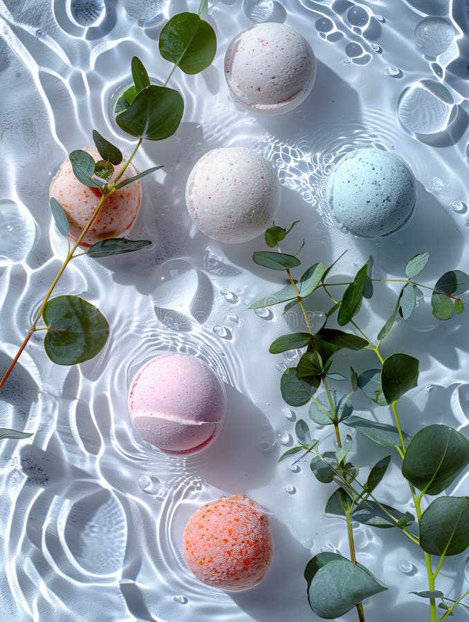 Bath Bombs with Eucalyptus Leaves on Water Surface with Foam Stock ...