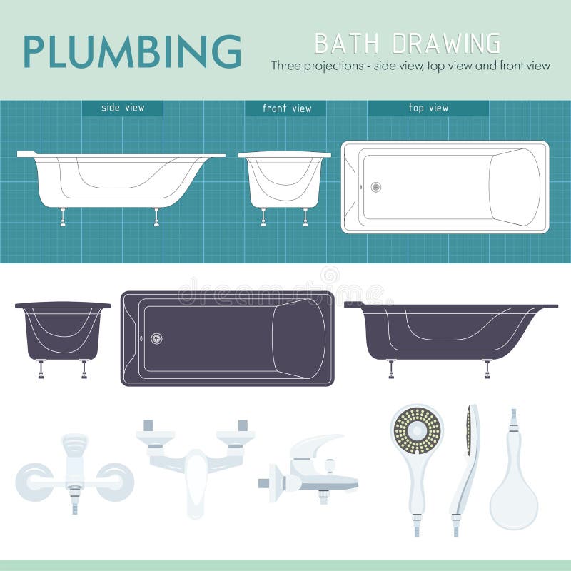 Bath and Faucet Silhouette. Front, Side and Top View. Stock Vector ...