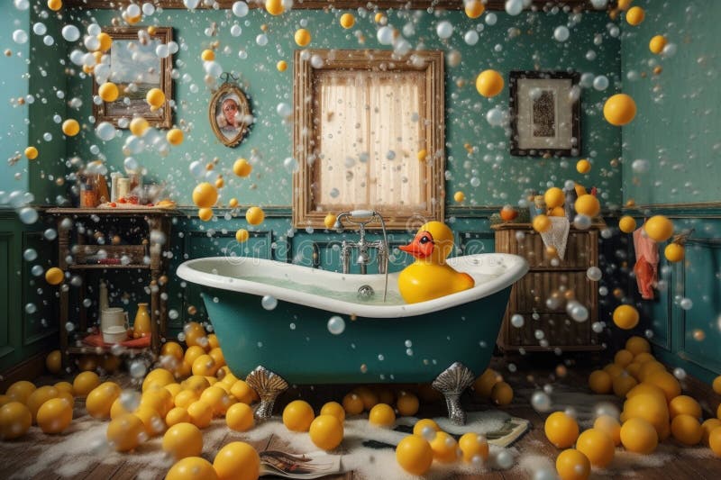 Bath Overflowing with Bubbles and Rubber Duck Floating Stock ...