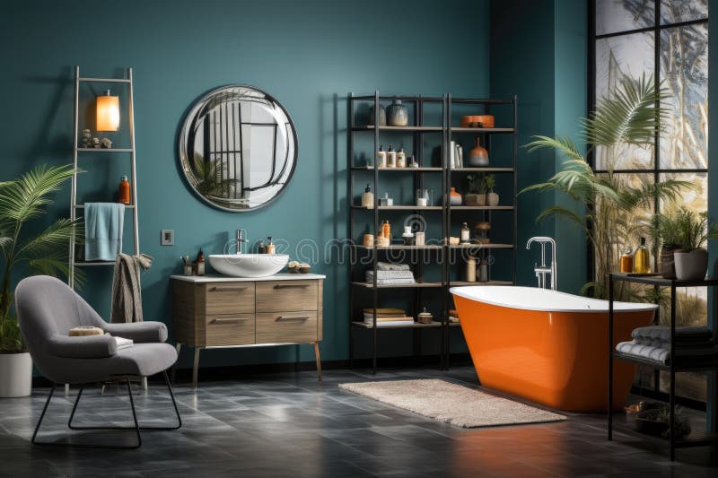 A Bath Room with a Tub a Chair and a Mirror. Stock Photo - Image of ...