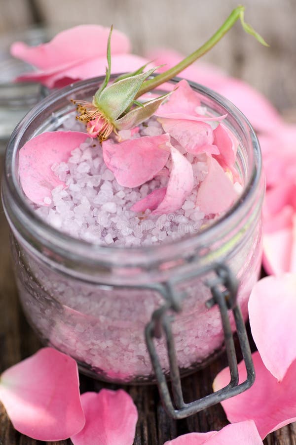 Bath salt and rose leaves stock image. Image of water - 26171983