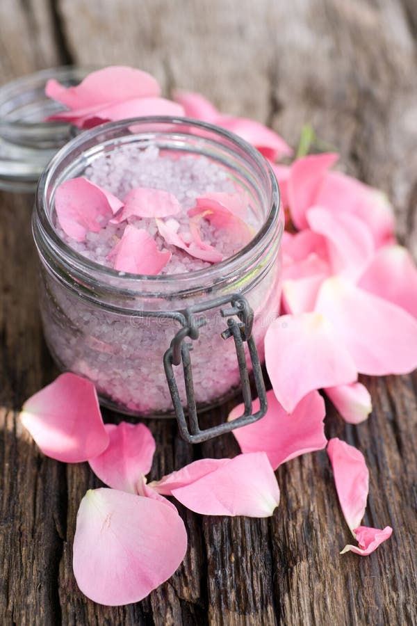Bath salt and rose leaves stock photo. Image of leaf - 26172218