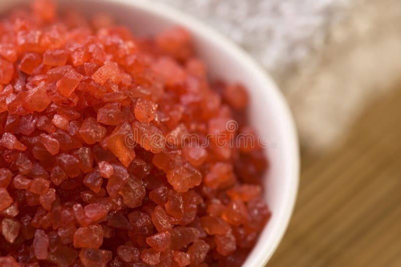 Bath Salt and Towel. Red and White Stock Image - Image of brown, bamboo ...