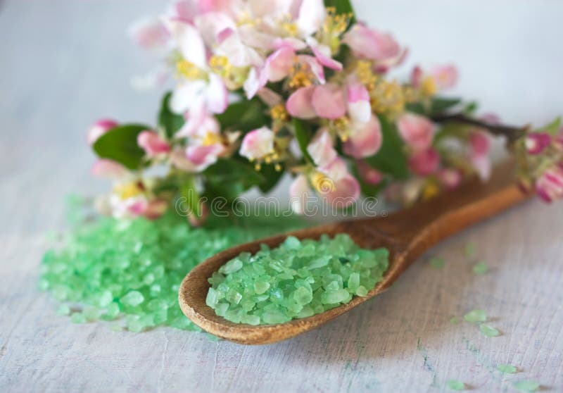 Bath Salt on Wooden Spoon and Flowers Stock Image - Image of crystal ...