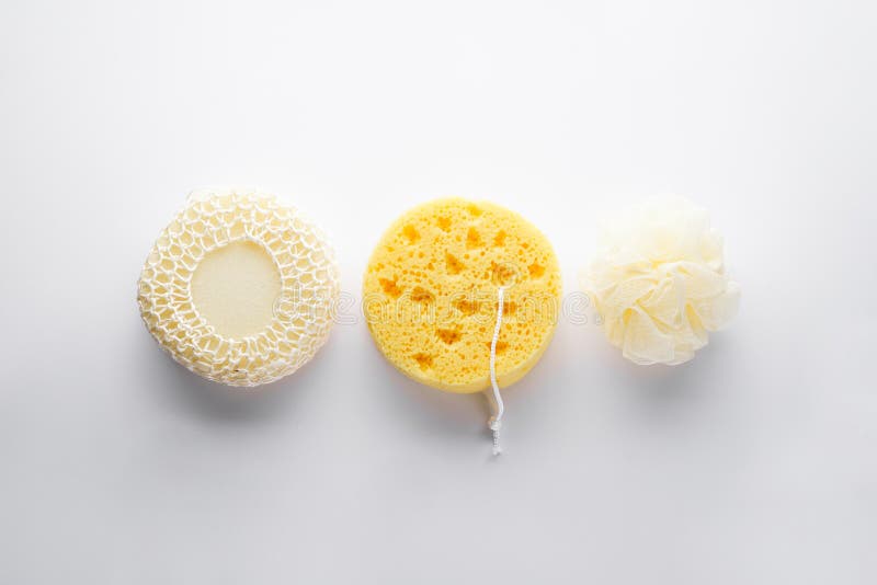 Bath Sponge Set on a Gray Background, Flat Lay. Bath Accessories ...