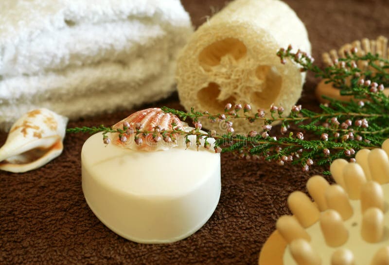 Bath Sponge, Towel, Soap and Flowers Stock Photo - Image of shower ...