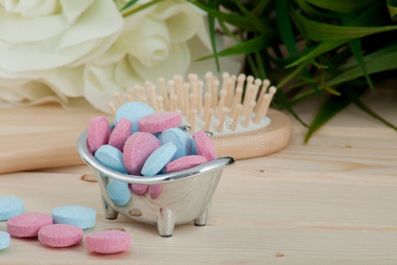 Bath Time Color Tablets for Kids on Wood Background Stock Photo - Image ...