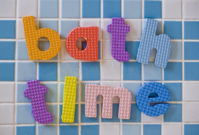 Bath Time on White and Blue Tiles Stock Photo - Image of letters ...