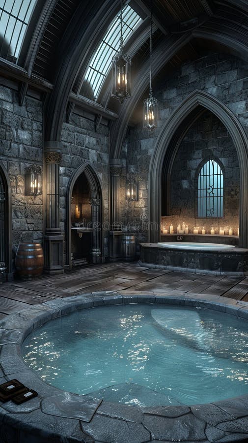 Bathhouse, Castle-like Interior Bath Setting with Arched Windows and ...
